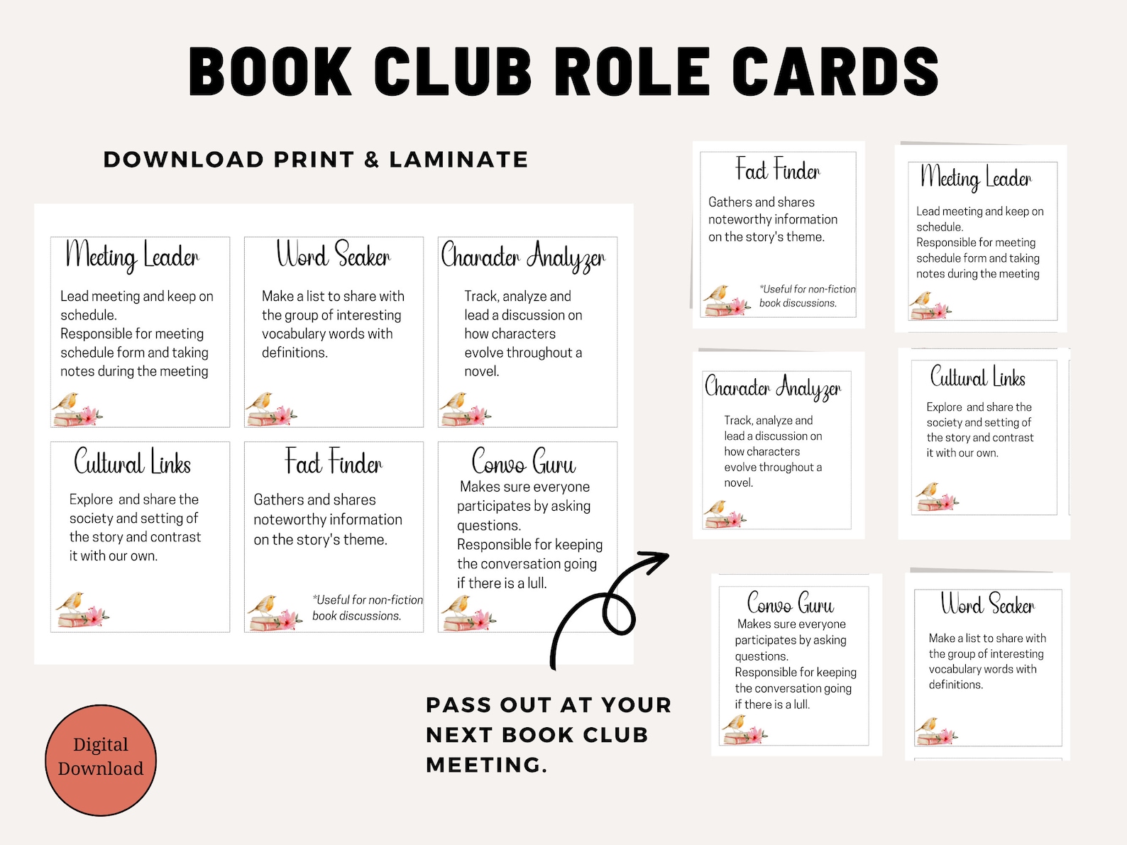 Book Club Role Cards & Role Responsibilities System Cute Printable ...