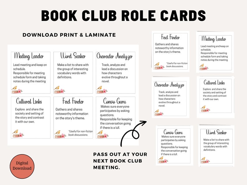 Book Club Role Cards & Role Responsibilities System Cute Printable ...