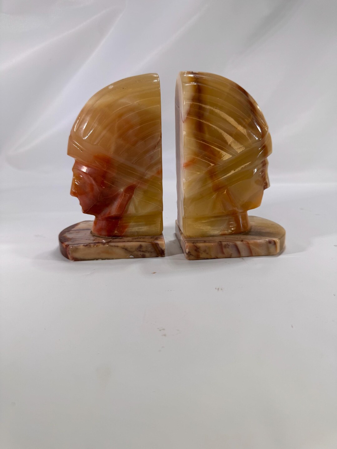 Vintage Carved Stone Indian Head Bookends – 7" Polished Stone, Inca or ...