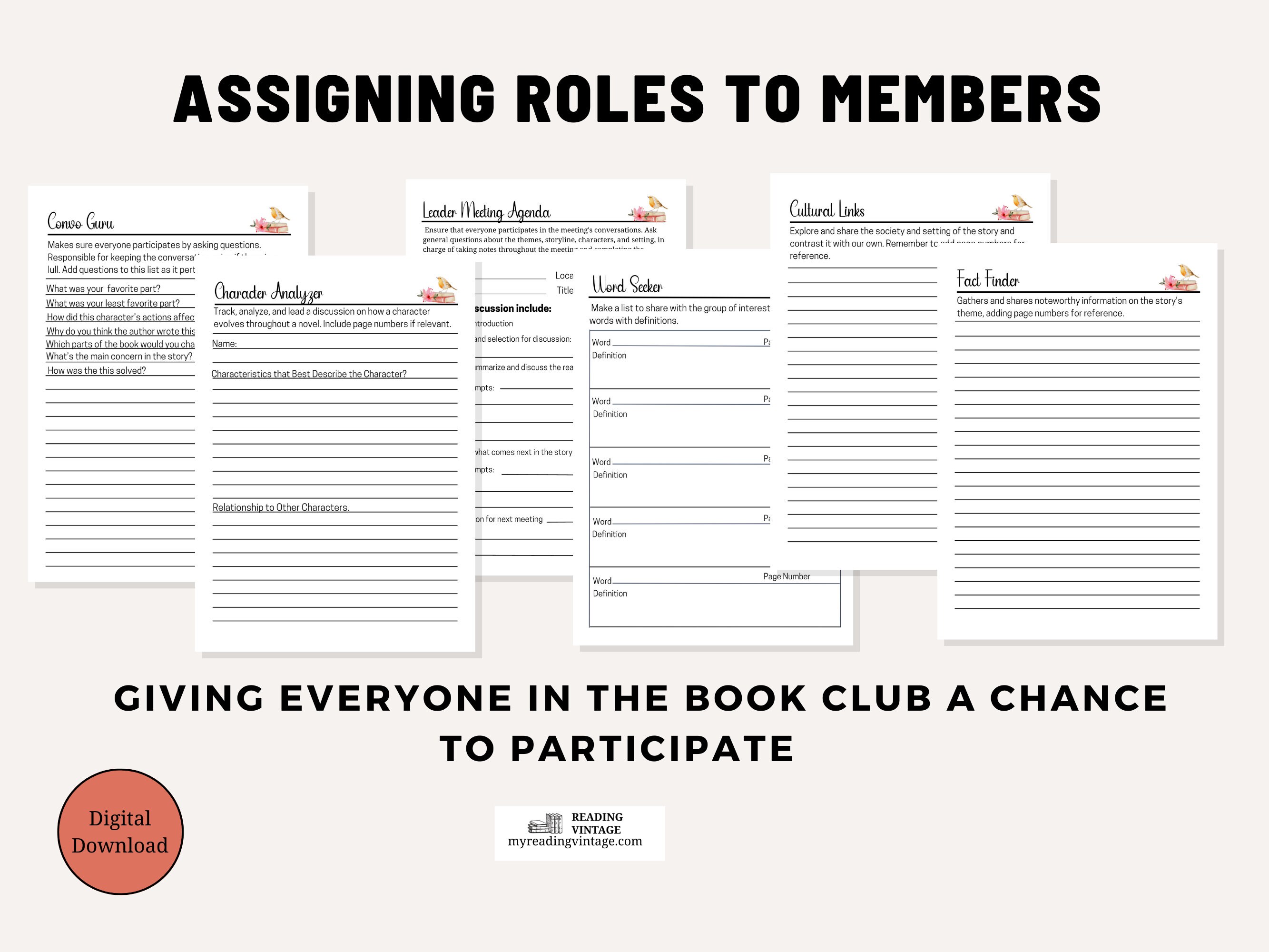 Book Club Role Cards & Role Responsibilities System Cute Printable ...