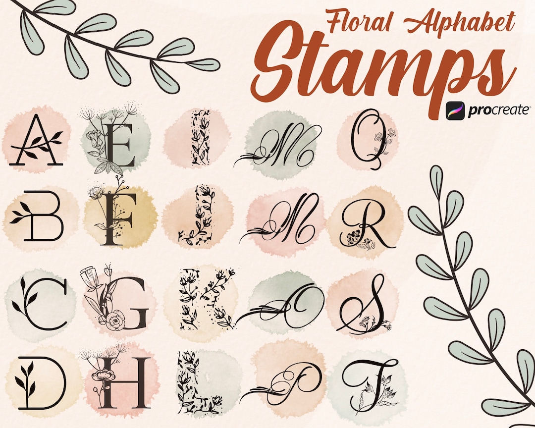 5 Procreate Alphabet Brushes, Flower Letters Stamps, Monogram Procreate ...