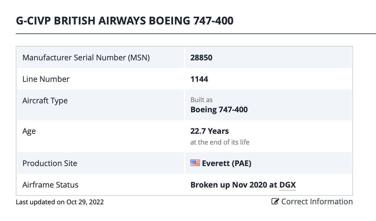 British Airways Boeing 747 Window (G-CIVP) -own a Piece of Aviation ...
