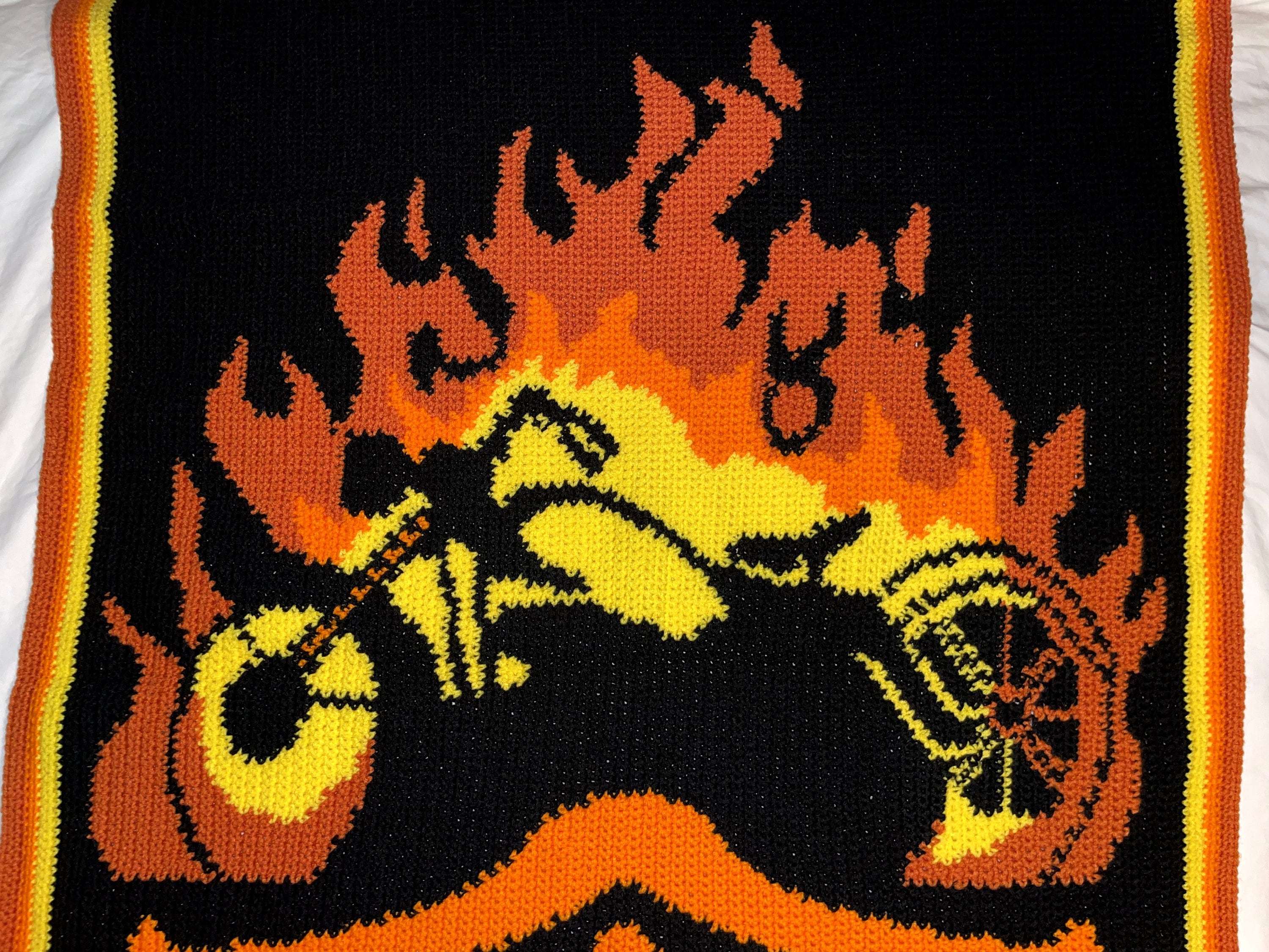 Handmade Crochet Afghan of a FLAME Chopper MOTORCYCLE Knit Couch Bed ...