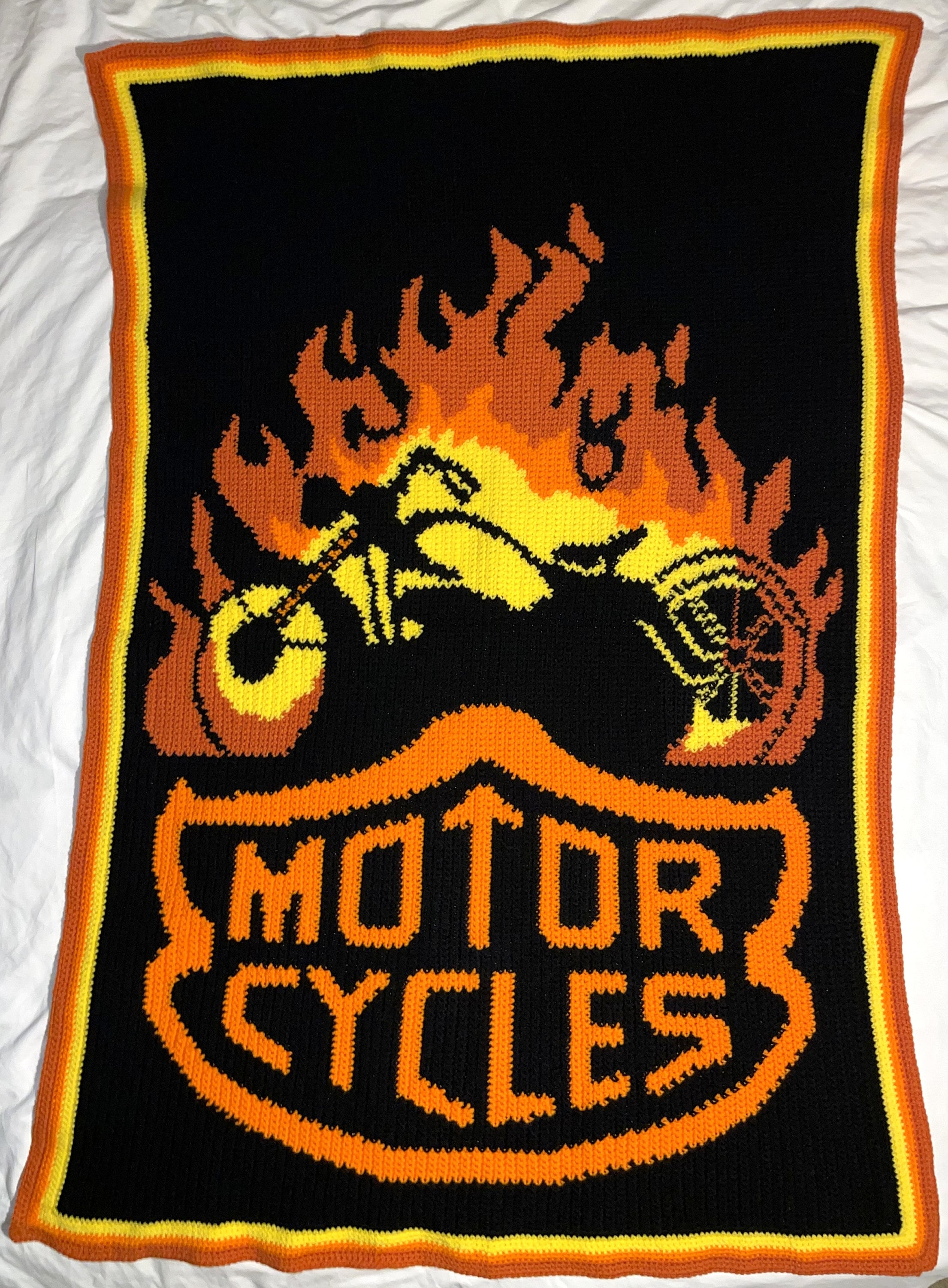 Handmade Crochet Afghan of a FLAME Chopper MOTORCYCLE Knit Couch Bed ...