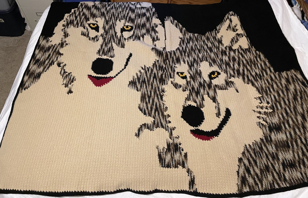 Handmade Crochet AFGHAN of Two Wolf WOLVES Pet Husky Dog Canine Knit ...