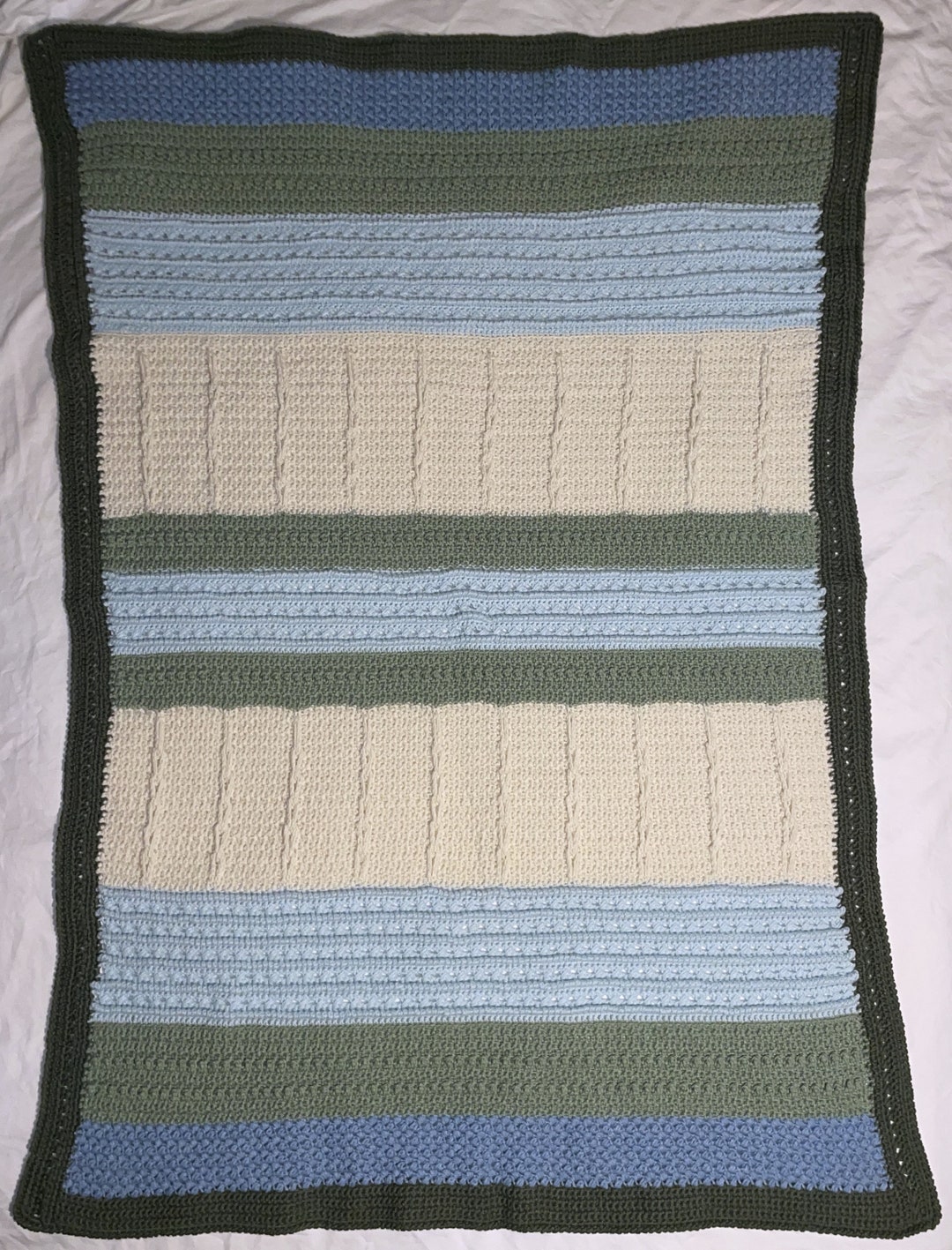 Handmade Crochet AFGHAN Green Blue Beige STRIPES Knit Quilt Couch Lap ...