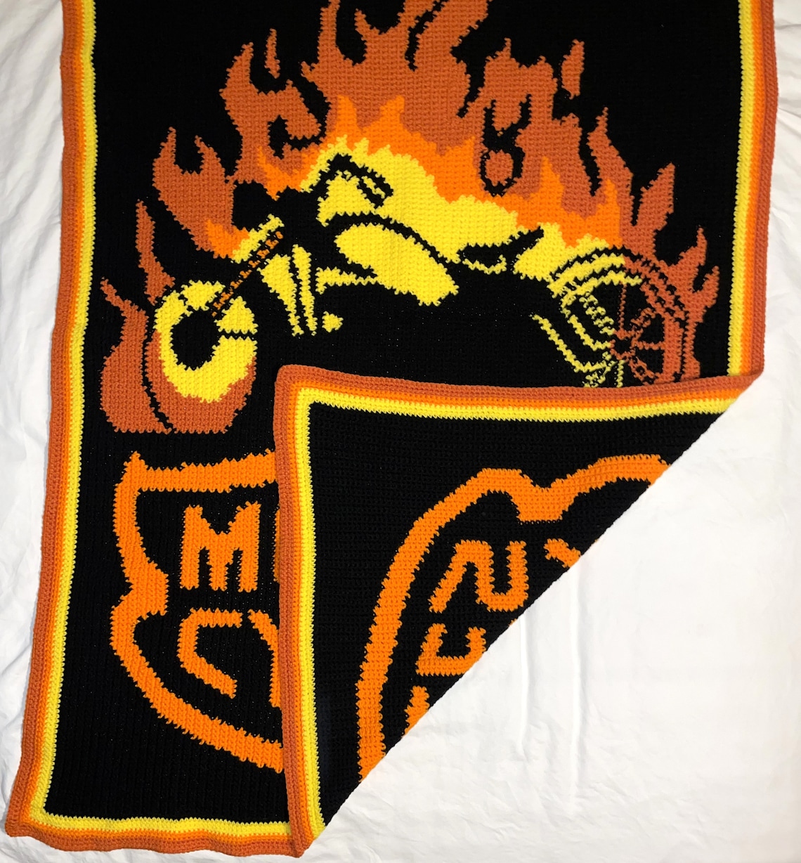 Handmade Crochet Afghan of a FLAME Chopper MOTORCYCLE Knit Couch Bed ...