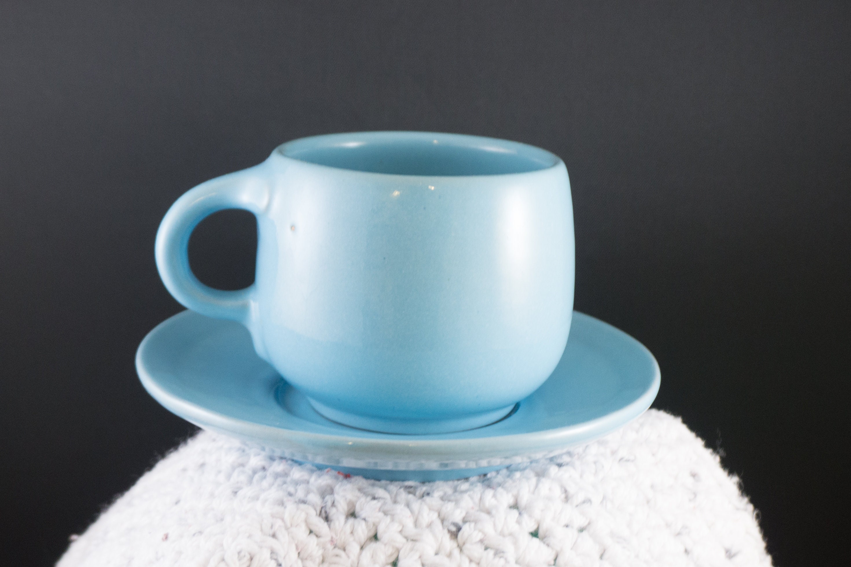 Set of FOUR Vintage Frankoma Pottery Sky Blue Lazy Bones Mugs and Saucers