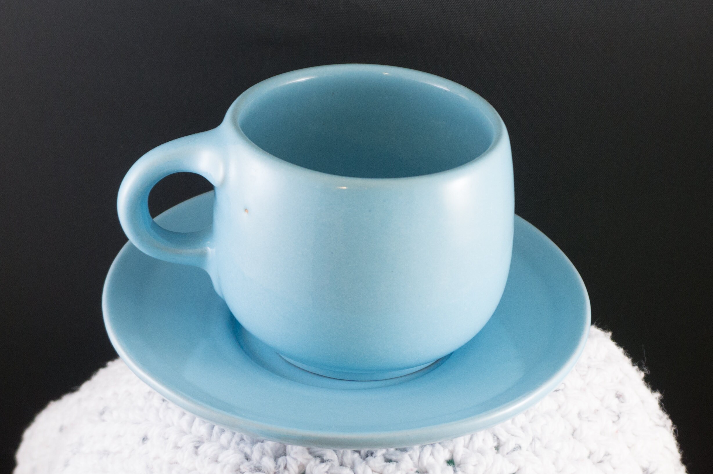 Set of FOUR Vintage Frankoma Pottery Sky Blue Lazy Bones Mugs and Saucers