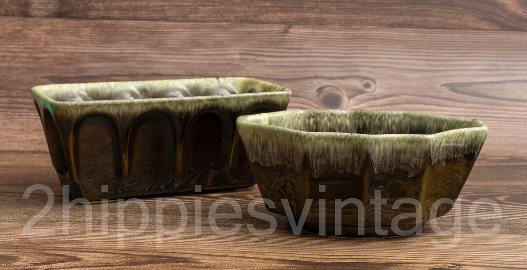 TWO Vintage Hull USA Pottery Stoneware Footed Jade Green Agate Drip ...