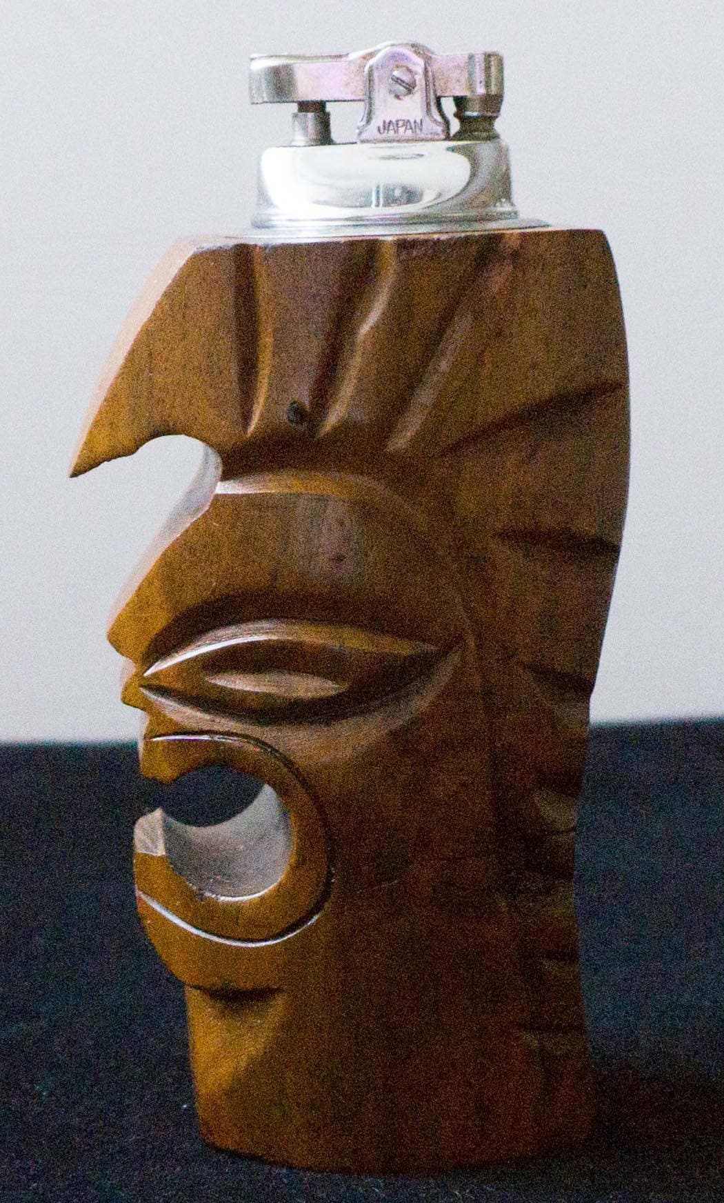Vintage Mid Century Carved Wood Tiki Tabletop Lighter