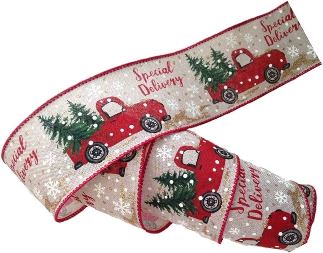 50 Yards Christmas Ribbon Red Truck Wired Christmas Ribbon - Etsy
