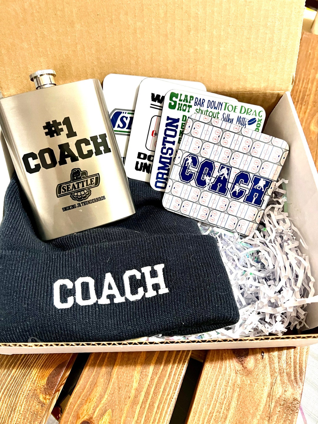 Coach Gift Box. Personalized Flask. Hockey Coasters. Coach Beanie. Kota ...
