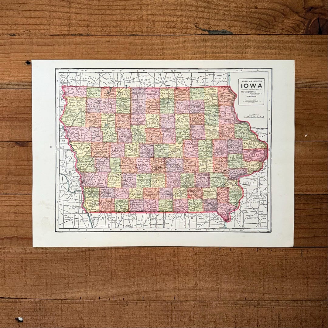 1917 Iowa & Kansas Map Print! WWI Era Antique Atlas Page - Etsy