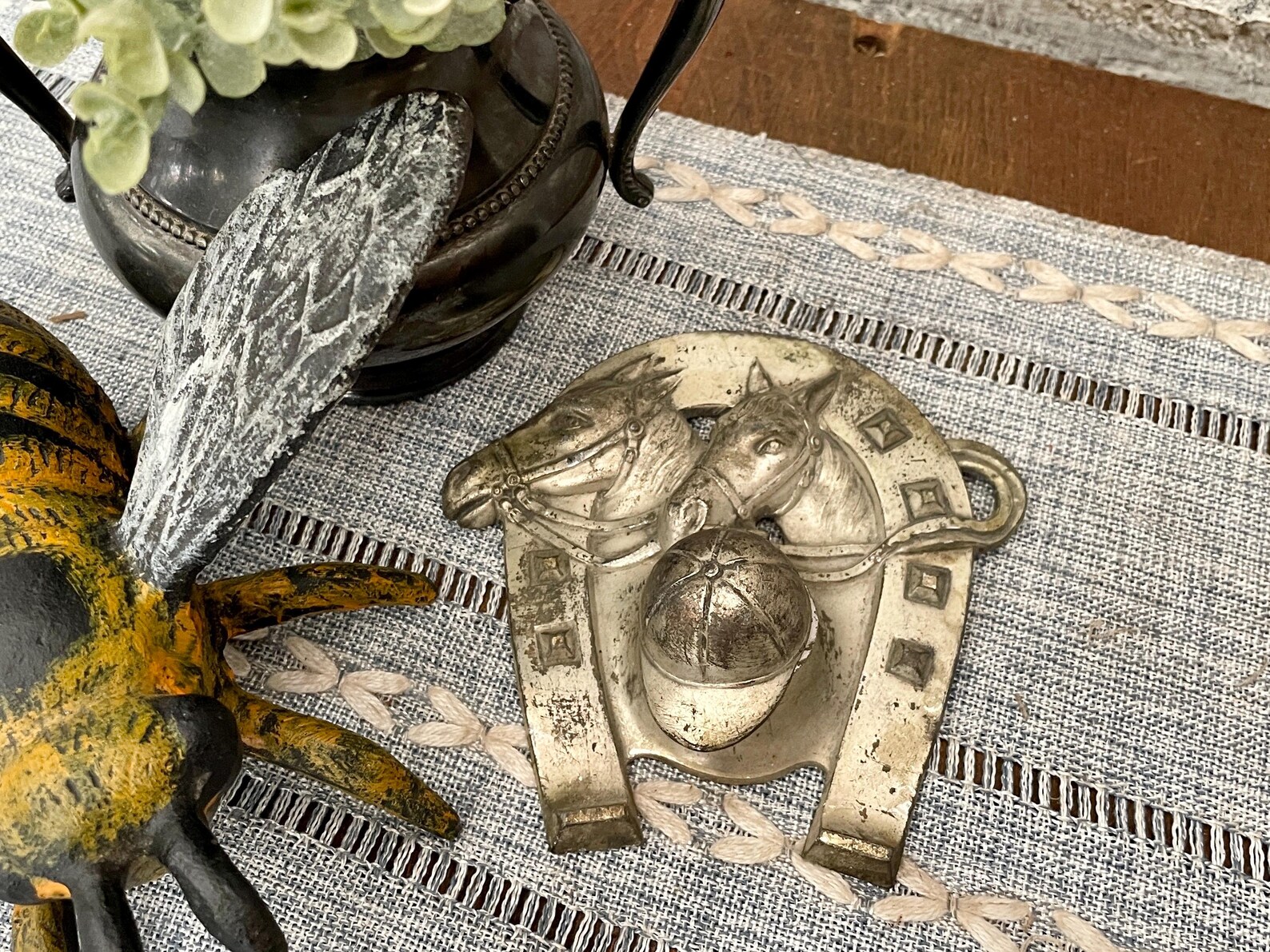 French Equestrian Inkwell Base: Horse Heads & Jockey Cap, Antique Decor ...
