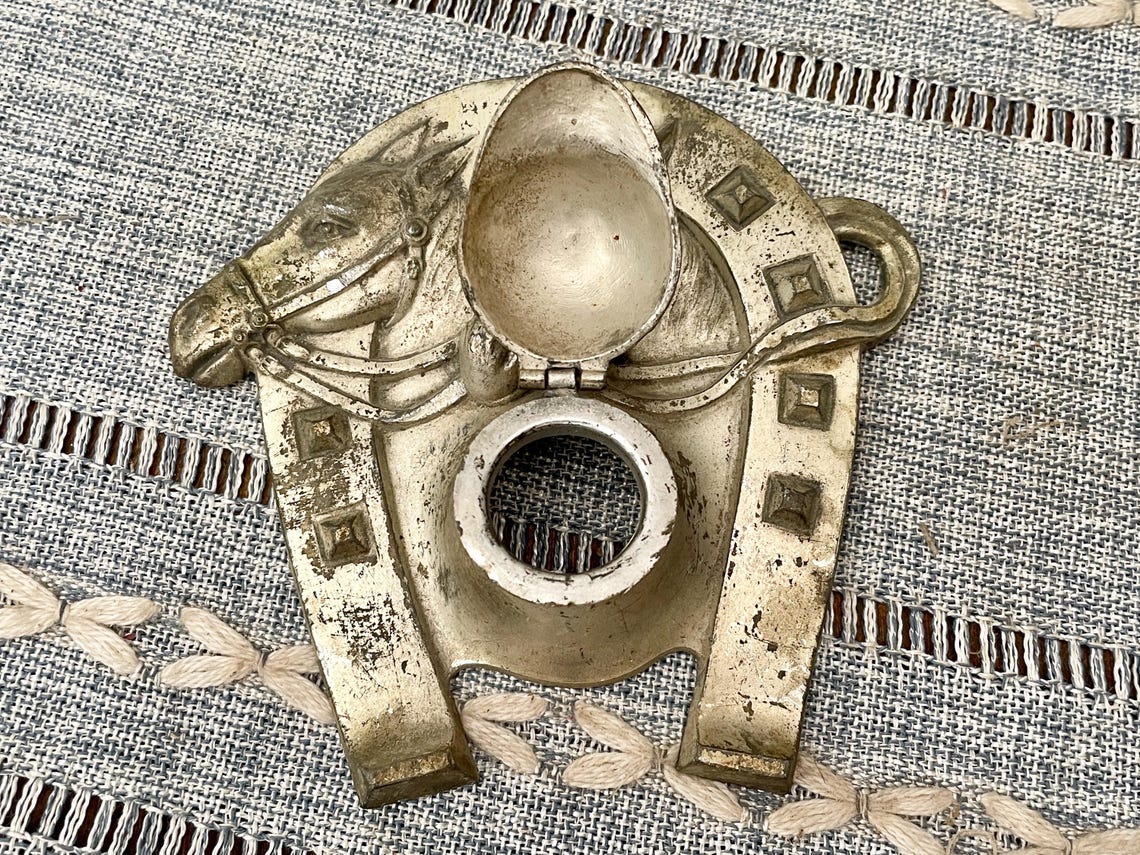 French Equestrian Inkwell Base: Horse Heads & Jockey Cap, Antique Decor ...
