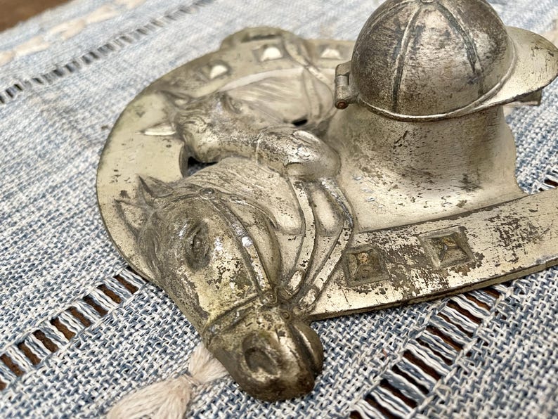 French Equestrian Inkwell Base: Horse Heads & Jockey Cap, Antique Decor ...