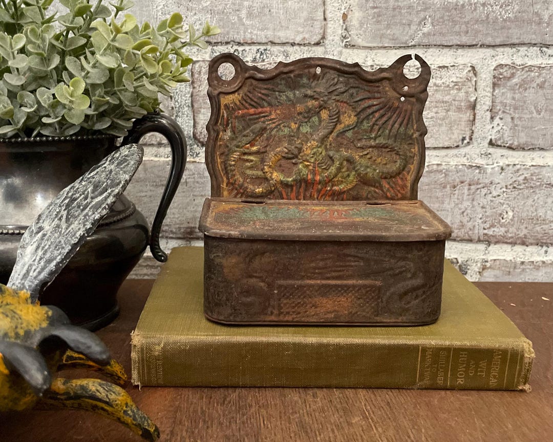 Dragon Tin Matchbox Holder Vintage Matchbox Lithographed Metal Match ...