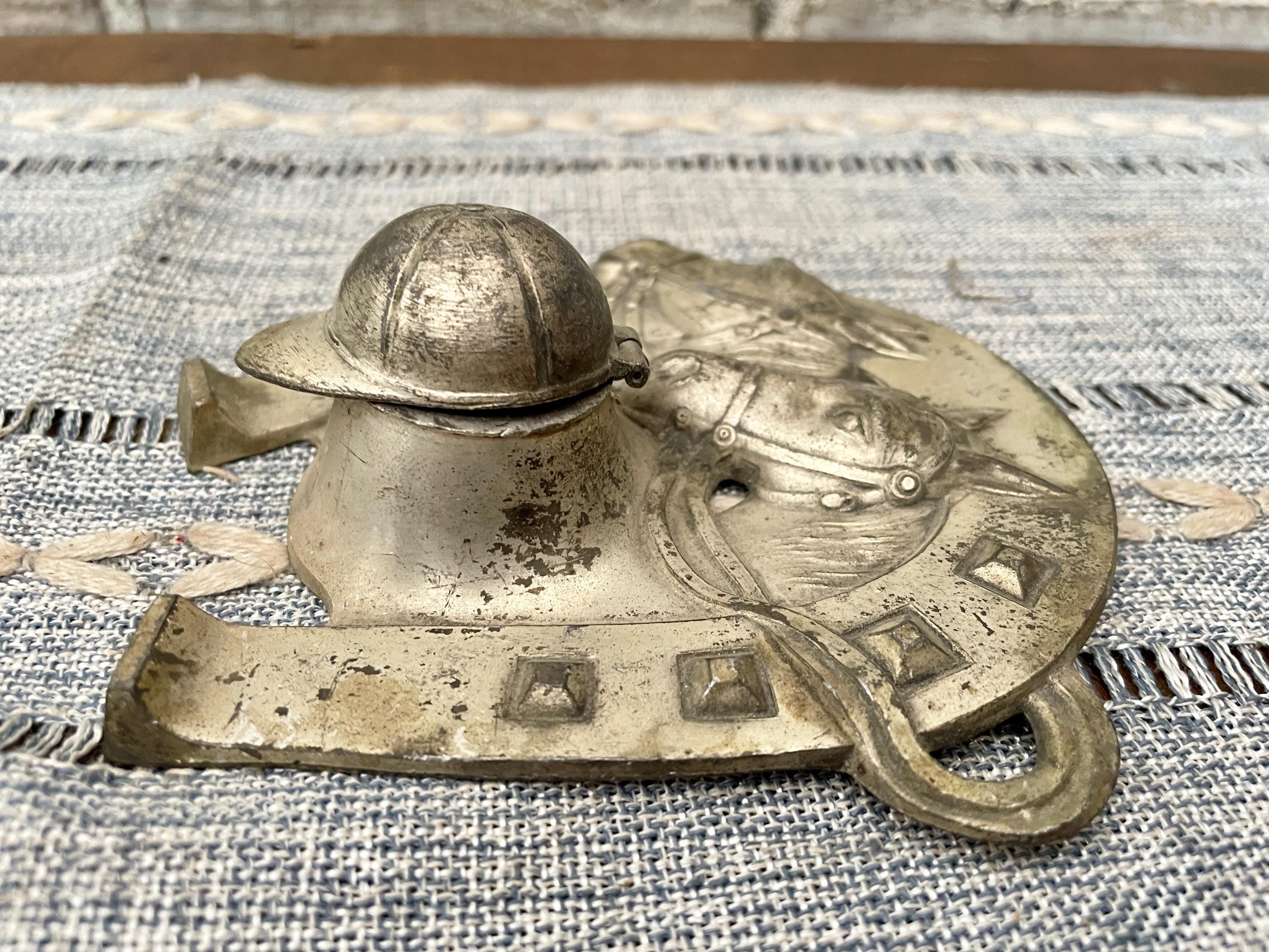 French Equestrian Inkwell Base: Horse Heads & Jockey Cap, Antique Decor ...