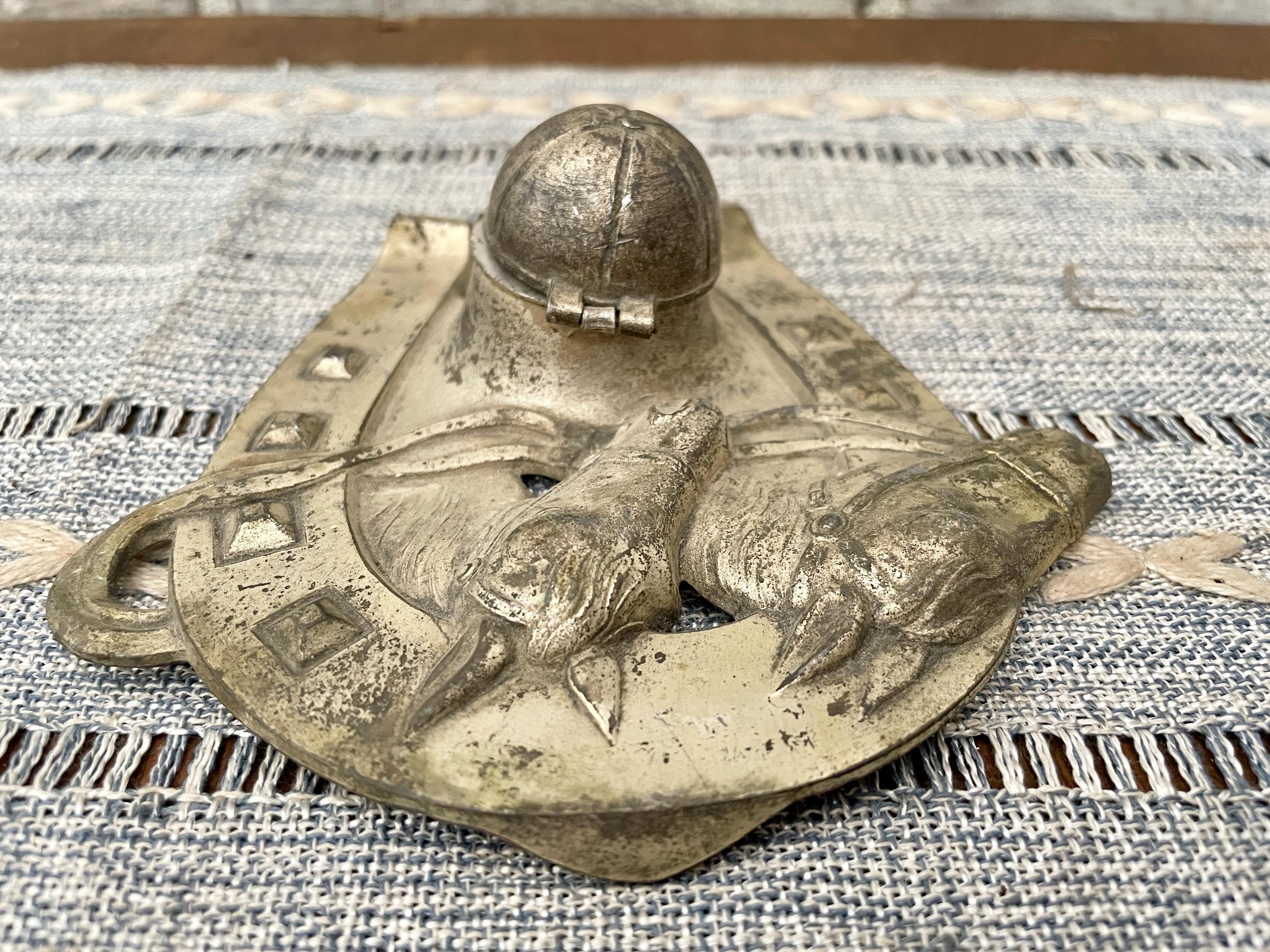 French Equestrian Inkwell Base: Horse Heads & Jockey Cap, Antique Decor ...