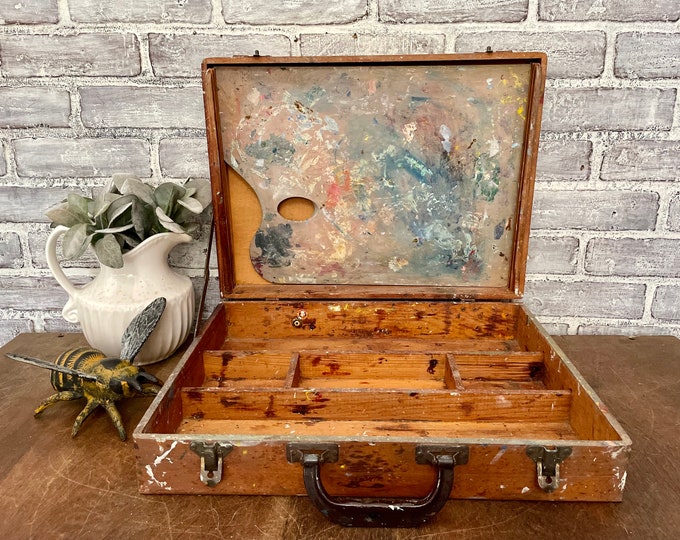 Wood Artist Box With Palette Painters Wooden Carrying Case Hinged Lid ...