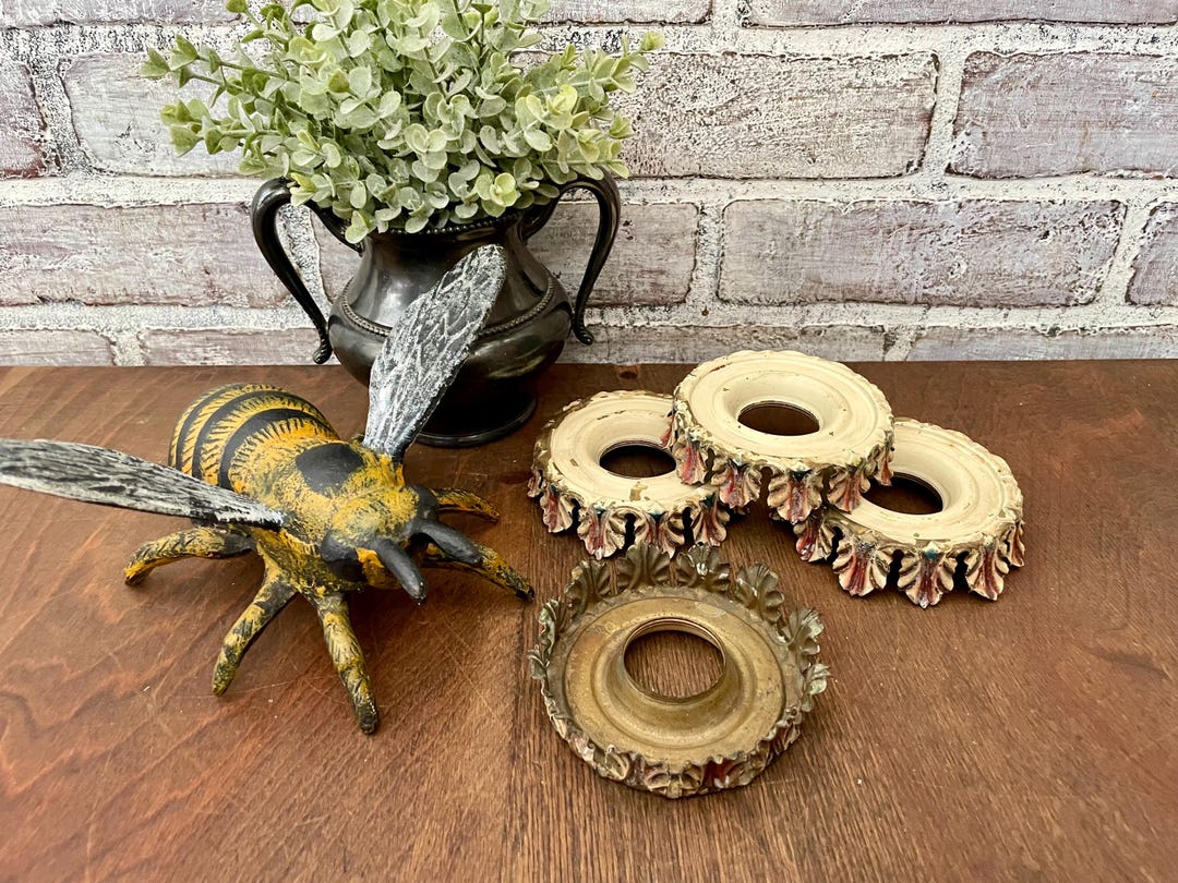 Four Antique Stamped Brass Leaf Light Socket Covers! Chandelier Bobeche ...