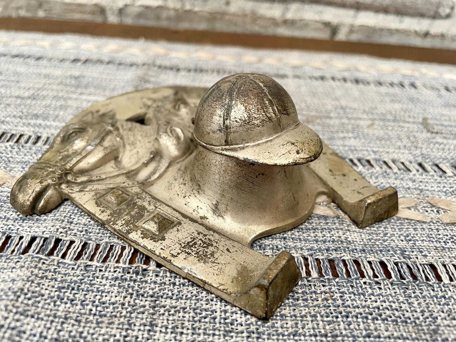 French Equestrian Inkwell Base: Horse Heads & Jockey Cap, Antique Decor ...