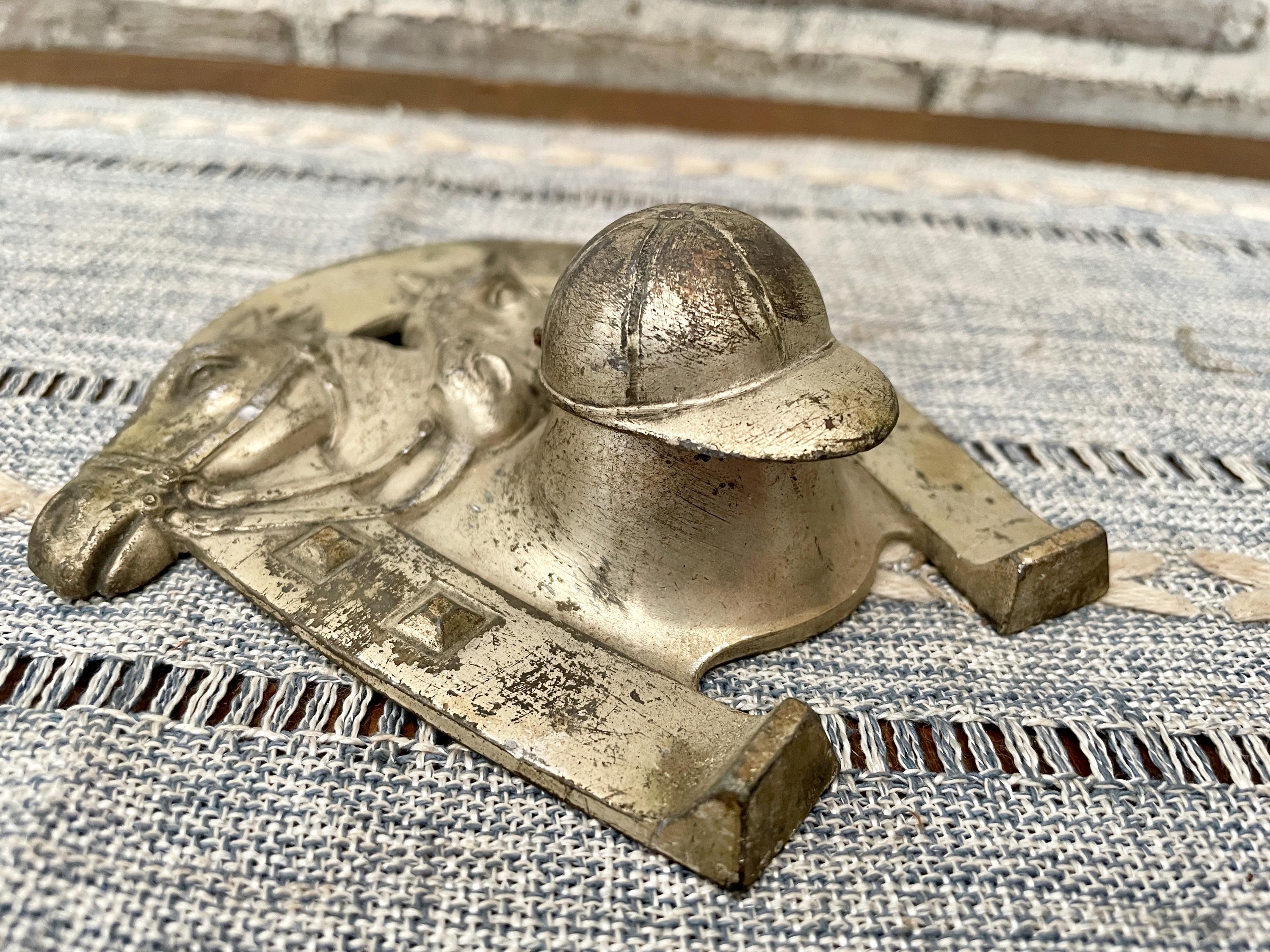 French Equestrian Inkwell Base: Horse Heads & Jockey Cap, Antique Decor ...