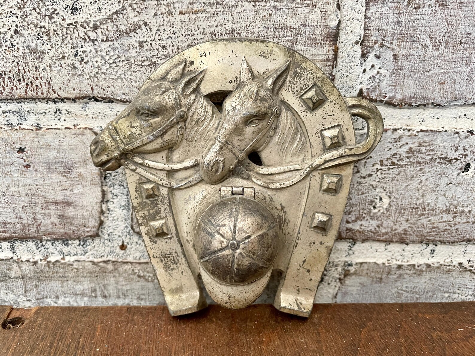French Equestrian Inkwell Base: Horse Heads & Jockey Cap, Antique Decor ...