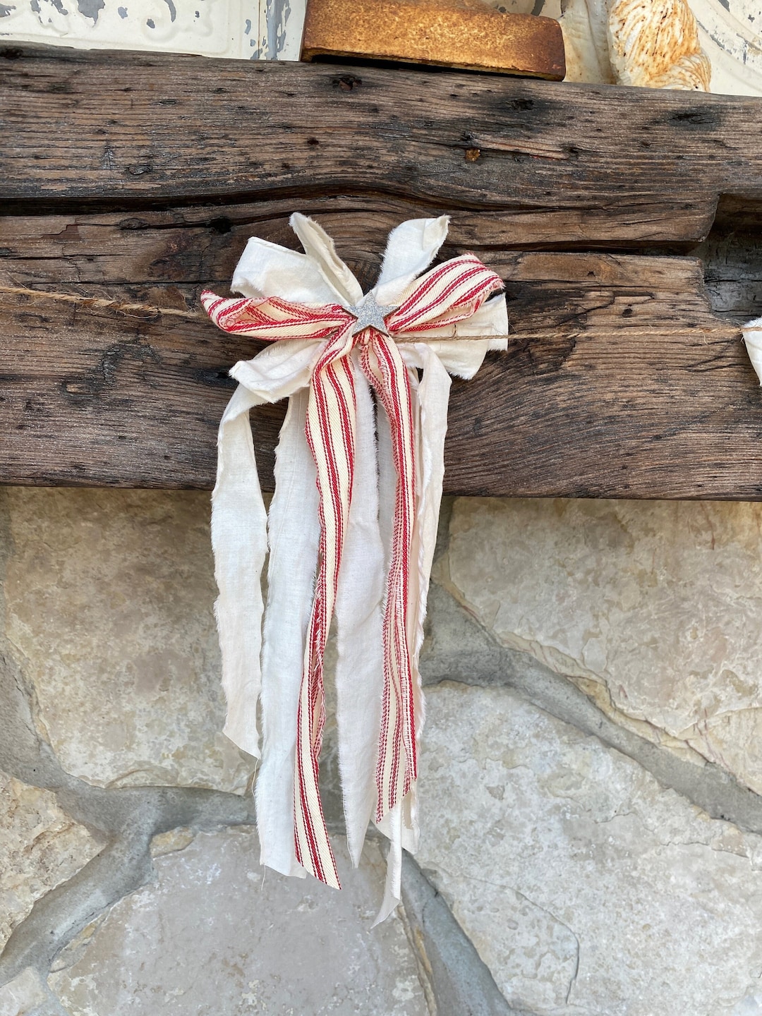 Christmas Bow Garland | Shabby Rustic Farmhouse Country Red Striped ...