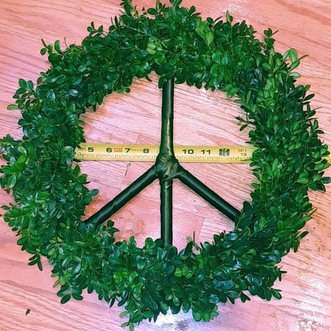 PRESERVED Boxwood Peace Sign Wreath With Moss Satin Ribbon Center. Size ...