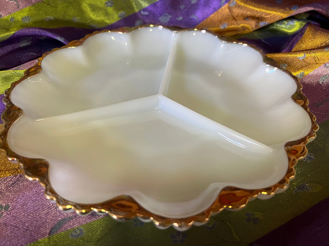 Milk Glass Serving Platter 3 Dividers Gold Band Vintage Milk Glass ...