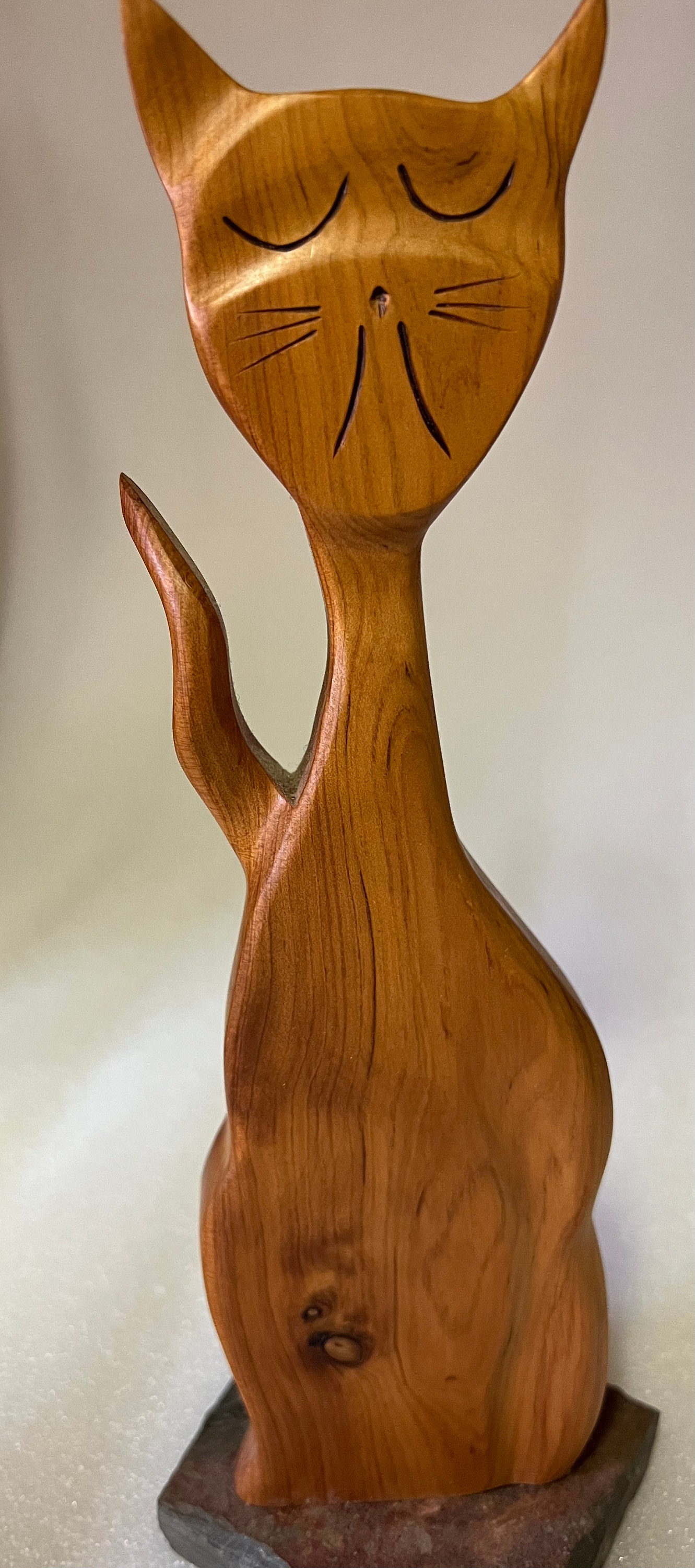 Collectible Cat Standing Cat Statue Wood Cat Signed Under Base 952 DJM ...