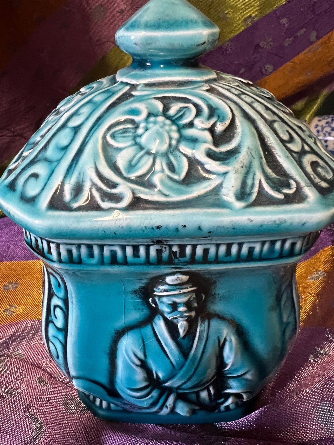 Aqua Japanese Jar , Lidded Jar Square Ginger Jar Vintage Japanese ...