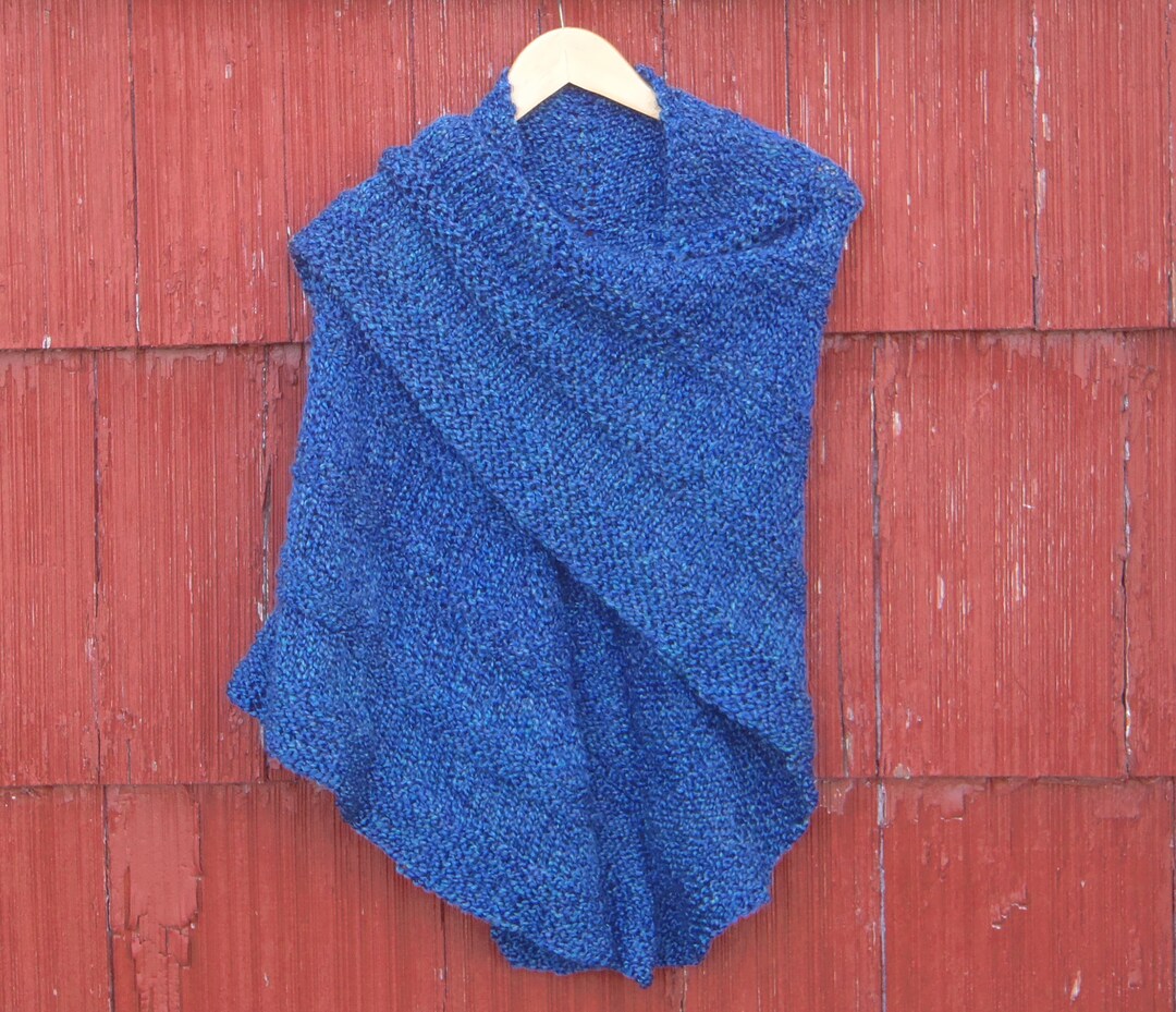 Blue Handknit Shawl, Knitted Triangle Shaped Wrap, Hand Knit Machine ...