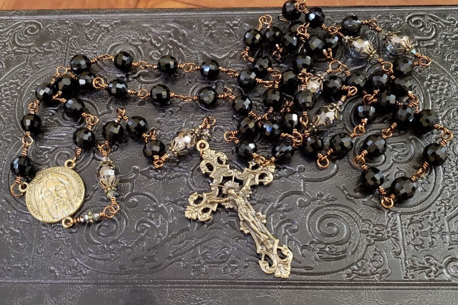Face of Jesus Catholic Rosary With Ornate Crucifix, Faceted Black Glass ...