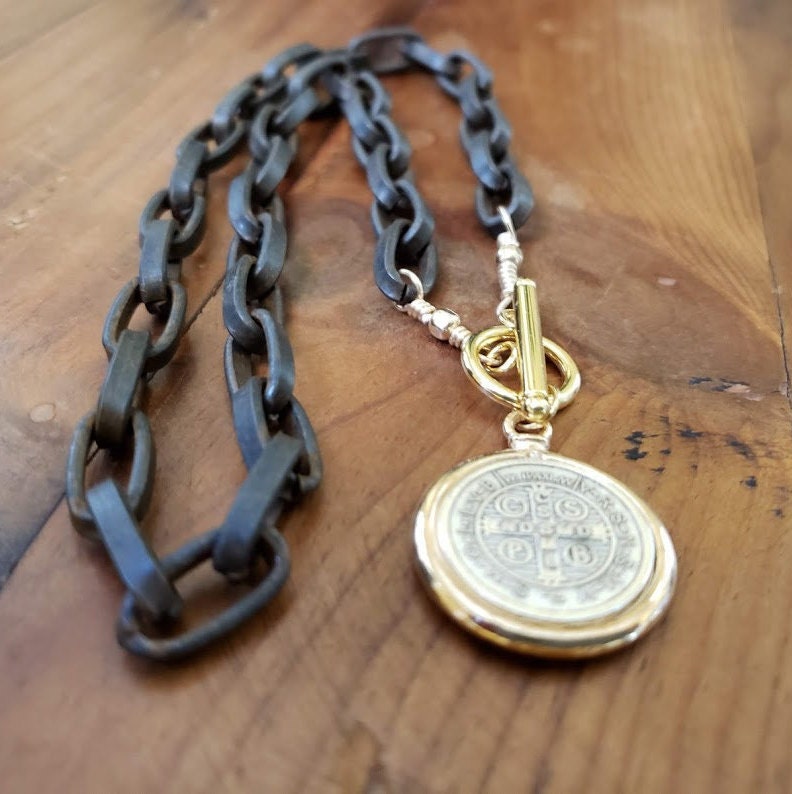 St Benedict Two-tone Medallion Paper Clip Catholic Necklace, Large ...