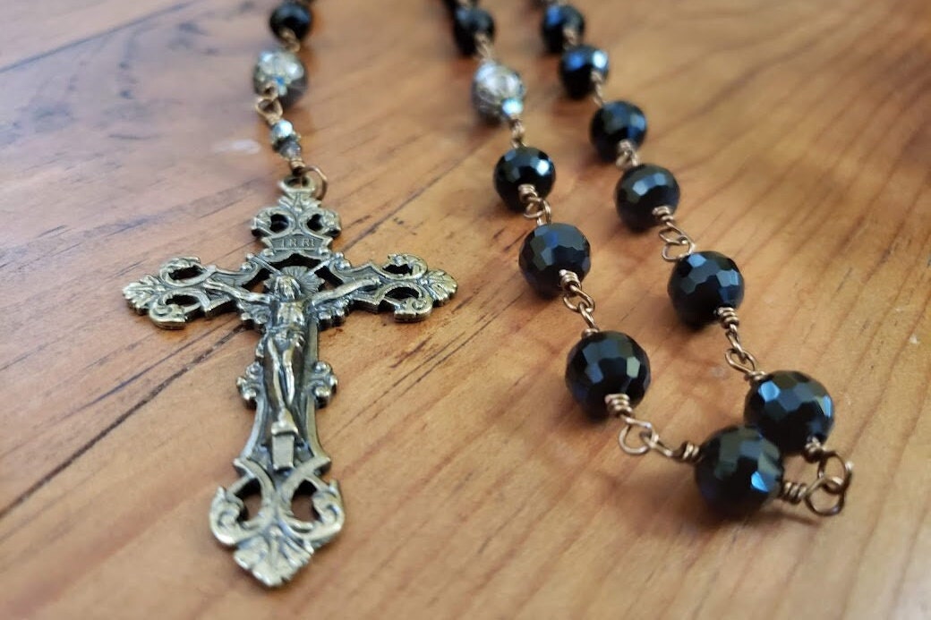 Face of Jesus Catholic Rosary With Ornate Crucifix, Faceted Black Glass ...