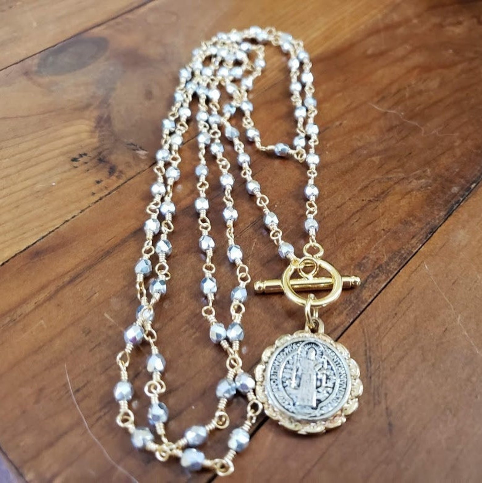 St Benedict san Benito Scalloped Two-tone Medallion, Catholic Necklace ...