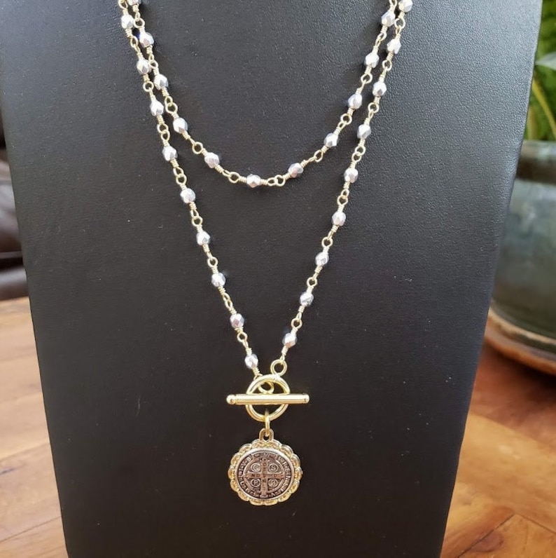 St Benedict san Benito Scalloped Two-tone Medallion, Catholic Necklace ...