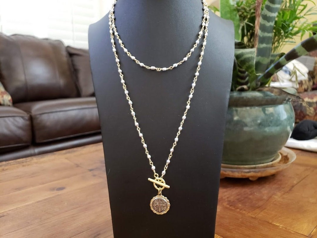 St Benedict san Benito Scalloped Two-tone Medallion, Catholic Necklace ...