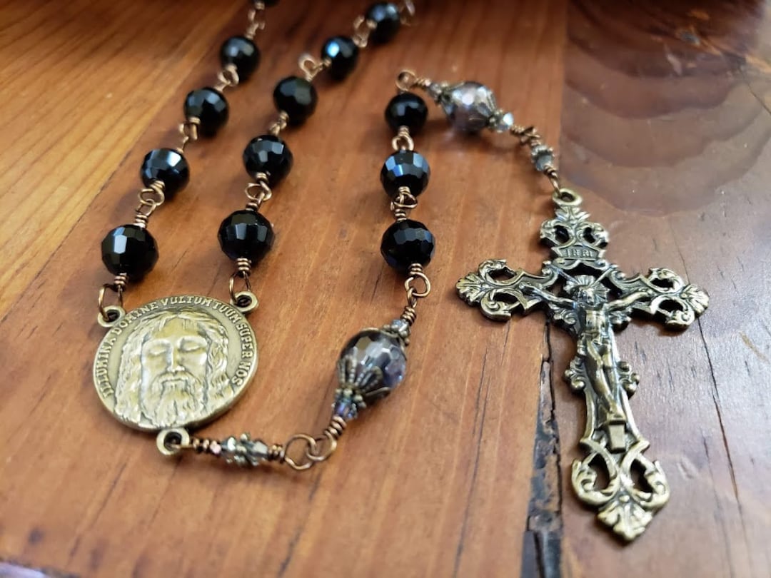 Face of Jesus Catholic Rosary With Ornate Crucifix, Faceted Black Glass ...