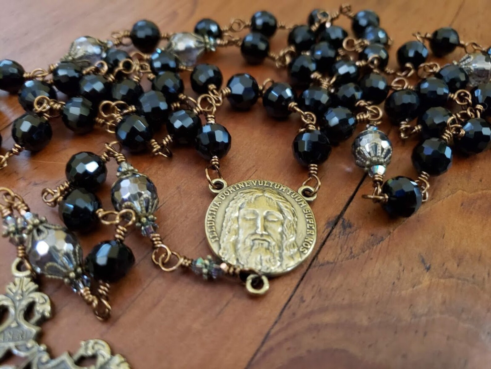 Face of Jesus Catholic Rosary With Ornate Crucifix, Faceted Black Glass ...