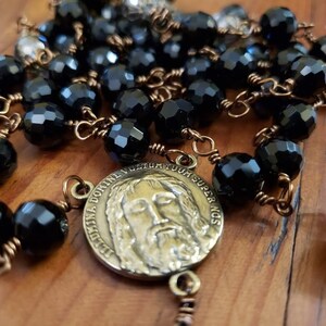 Face of Jesus Catholic Rosary With Ornate Crucifix, Faceted Black Glass ...