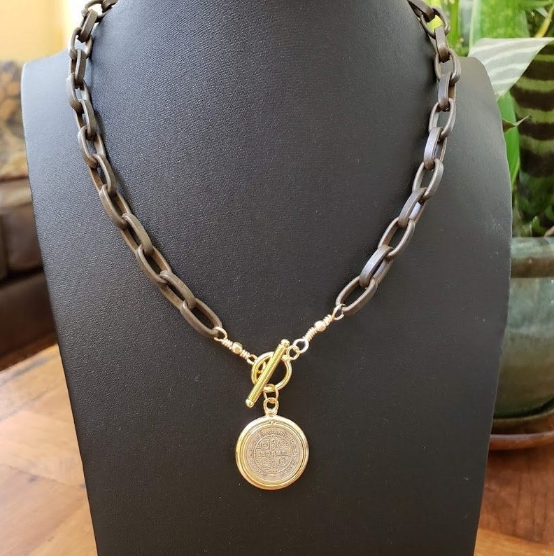 St Benedict Two-tone Medallion Paper Clip Catholic Necklace, Large ...