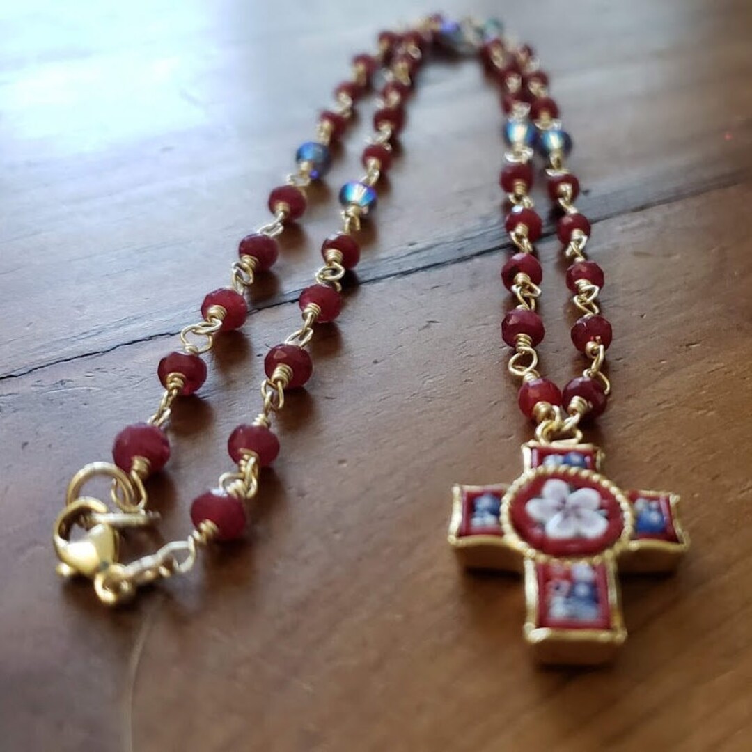 Byzantine Micro Mosaic Murano Glass Cross Pendant Necklace With Ruby ...