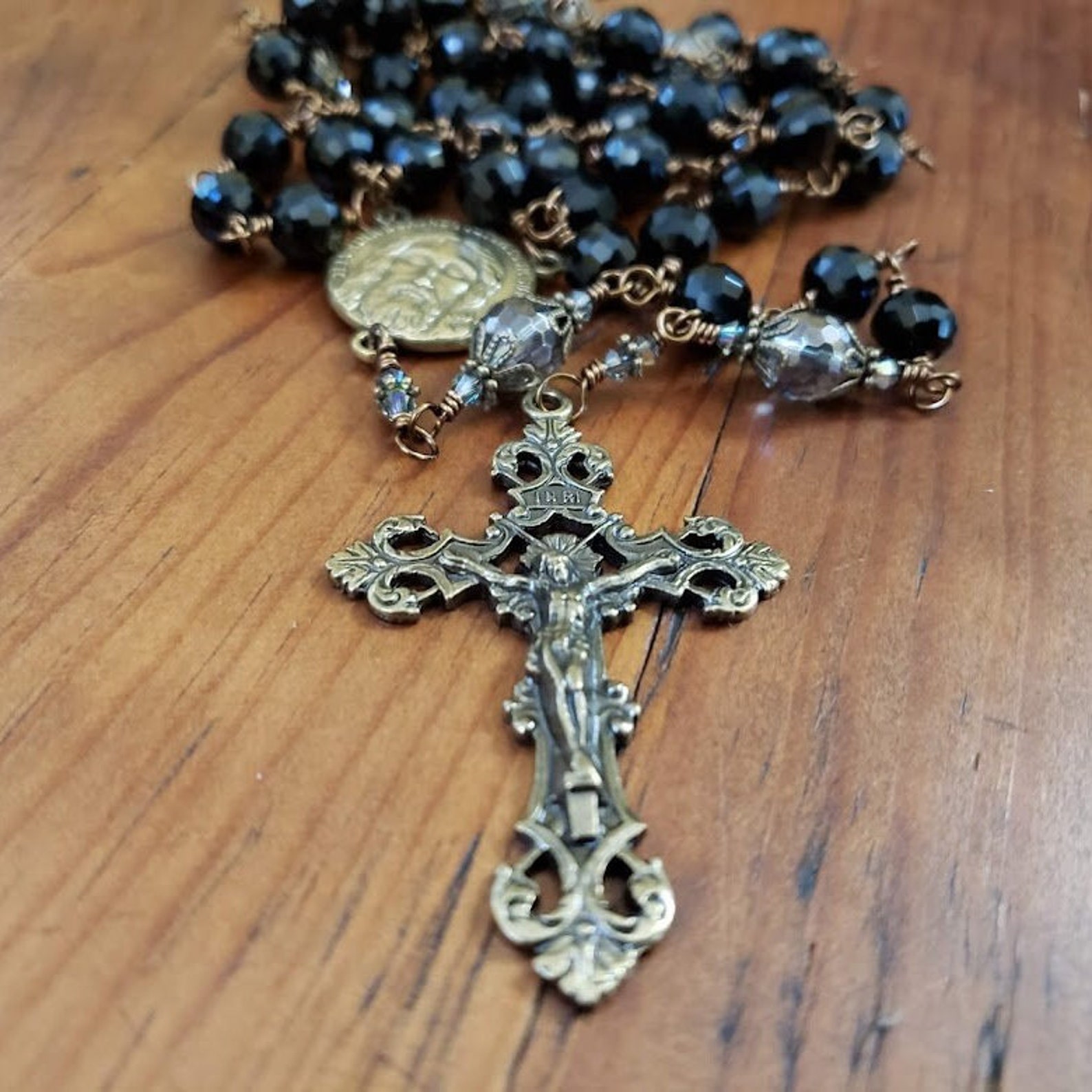 Face of Jesus Catholic Rosary With Ornate Crucifix, Faceted Black Glass ...