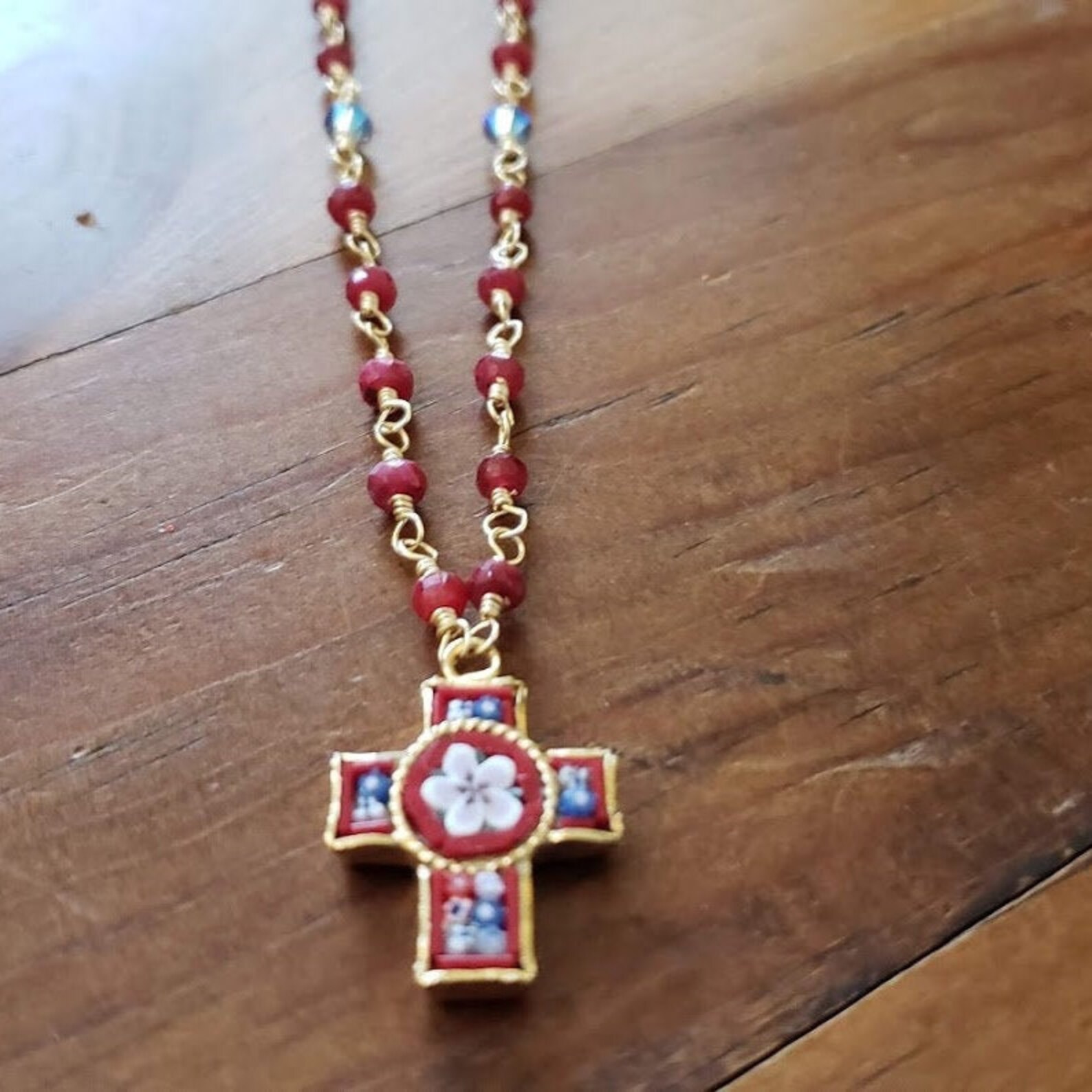 Byzantine Micro Mosaic Murano Glass Cross Pendant Necklace With Ruby ...