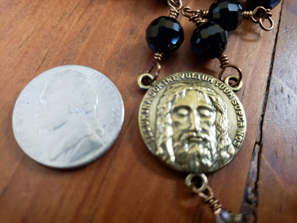 Face of Jesus Catholic Rosary With Ornate Crucifix, Faceted Black Glass ...