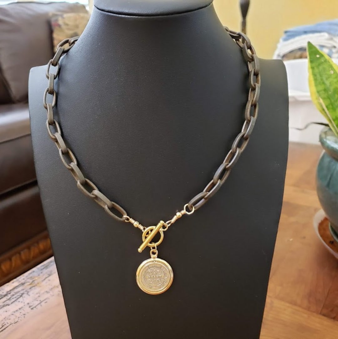 St Benedict Two-tone Medallion Paper Clip Catholic Necklace, Large ...